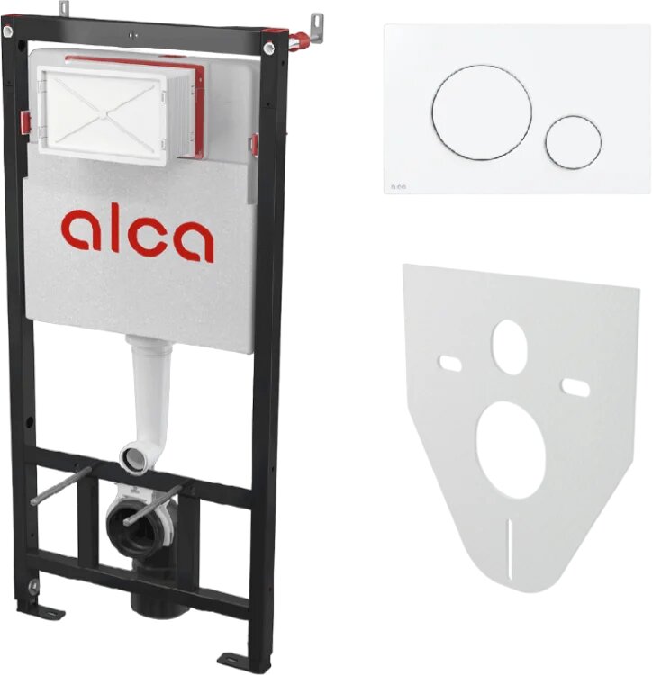 Инсталляция с кнопкой AlcaPlast AM101/1120-4:1 M670-VE-01 51 см, крепление к стене/к полу, кнопка для унитаза белая, глянцевая, с шумоизоляцией