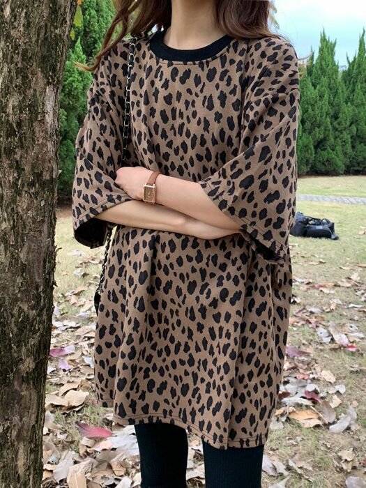 Свободная футболка/Средней длины/Леопардовый принт