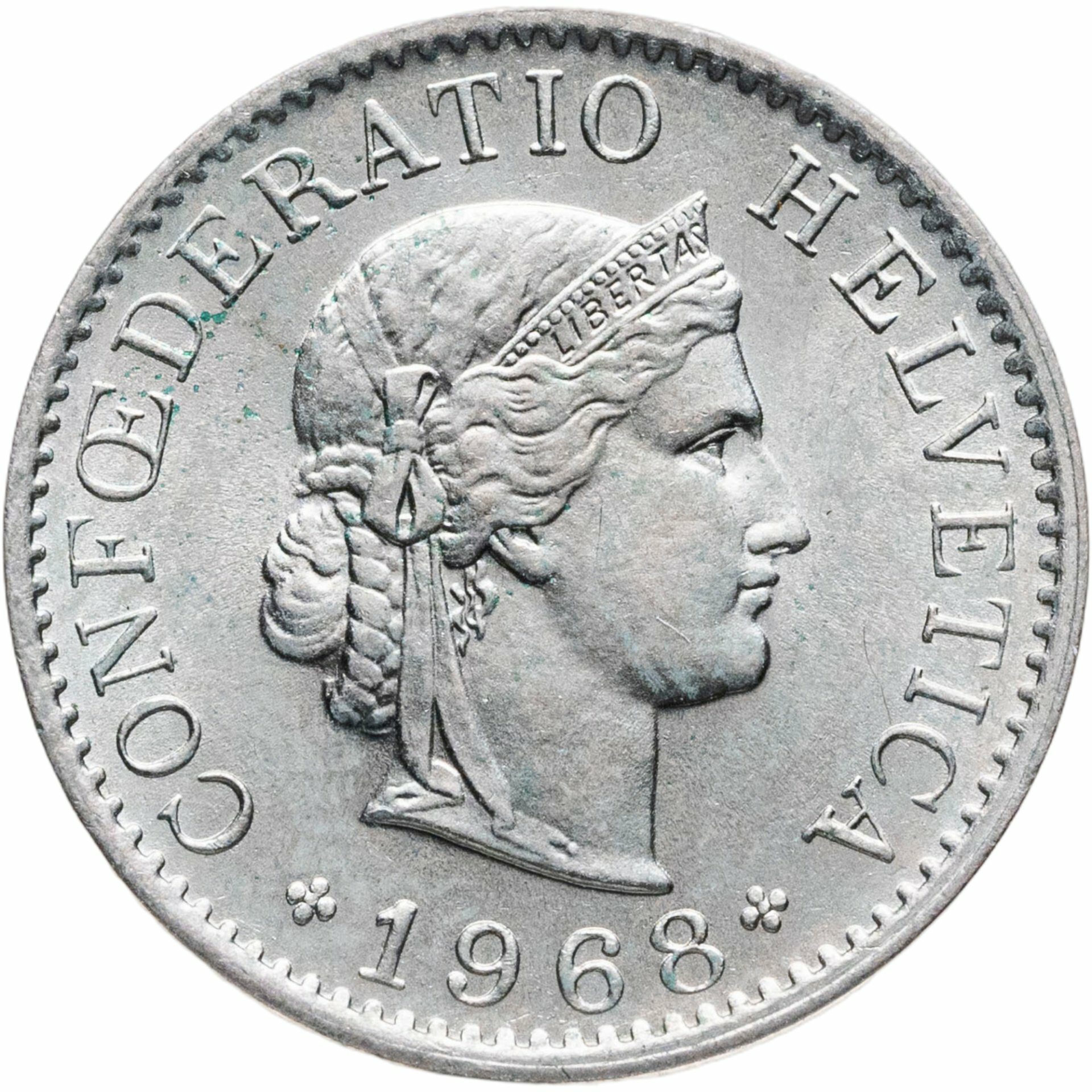 Швейцария 5 раппенов 1968, Мельхиор медь-никель, в сохранности UNC