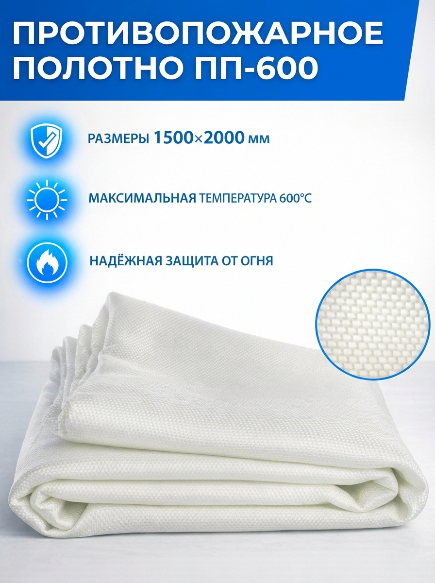 Полотно противопожарное престиж ПП-600, 1,5x2 м, до 600 °С, белое