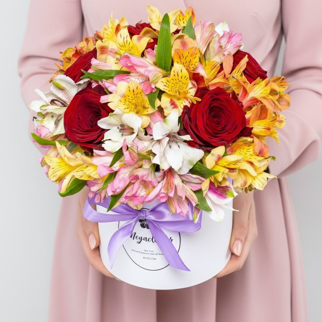 Дуо-букет Мегацвет24 "Альстромерии и розы", микс/красный в коробке