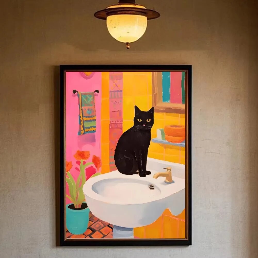 Абстрактный принт на холсте "Черная кошка, читающая газеты на Черный, WO1769-13, 20X30cm Unframed