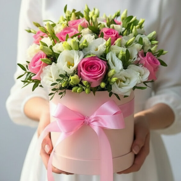 Дуо-букет Мегацвет24 "Эустомы и Розы", белый/ярко-розовый, сборка в шляпную коробку