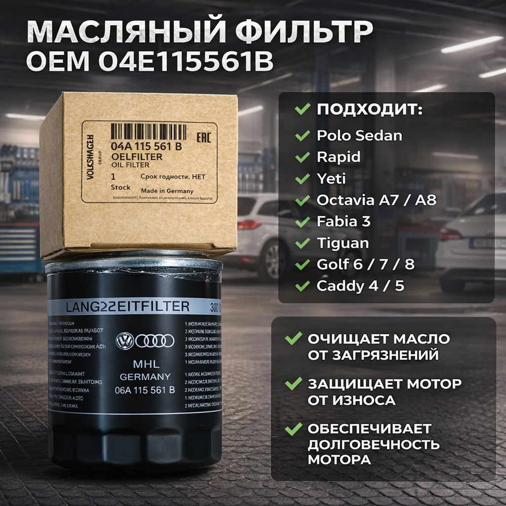Фильтр масляный 04E115561B Подходит: Polo Sedan, Rapid, Yeti, Octavia A7/A8, Fabia 3, Tiguan, Golf 6-8, Caddy 4-5