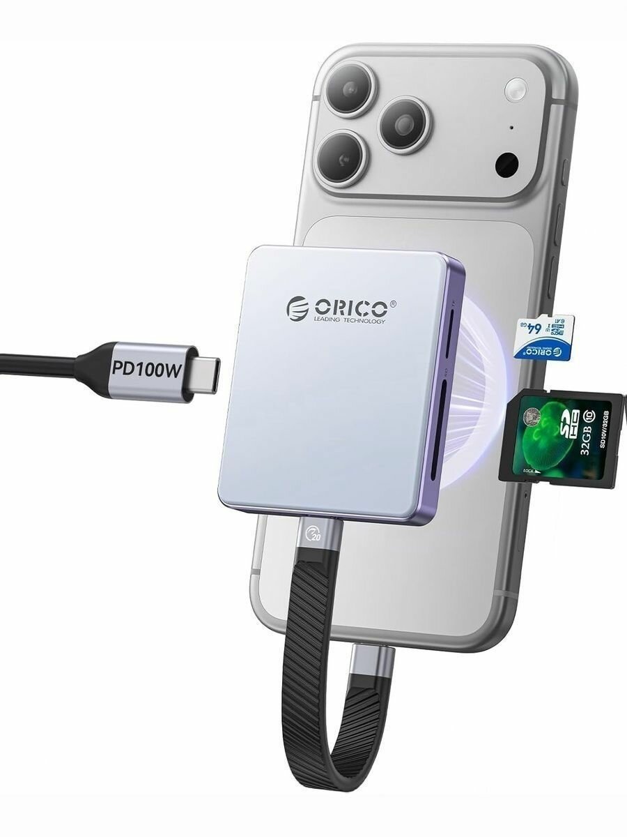 Магнитный кард-ридер и бокс для SSD M.2 NVMe AP42F 5-в-1 для iPhone 15/16/17 Pro Чтение TF/SD, USB 3.2, PD 100W (без SSD), синий