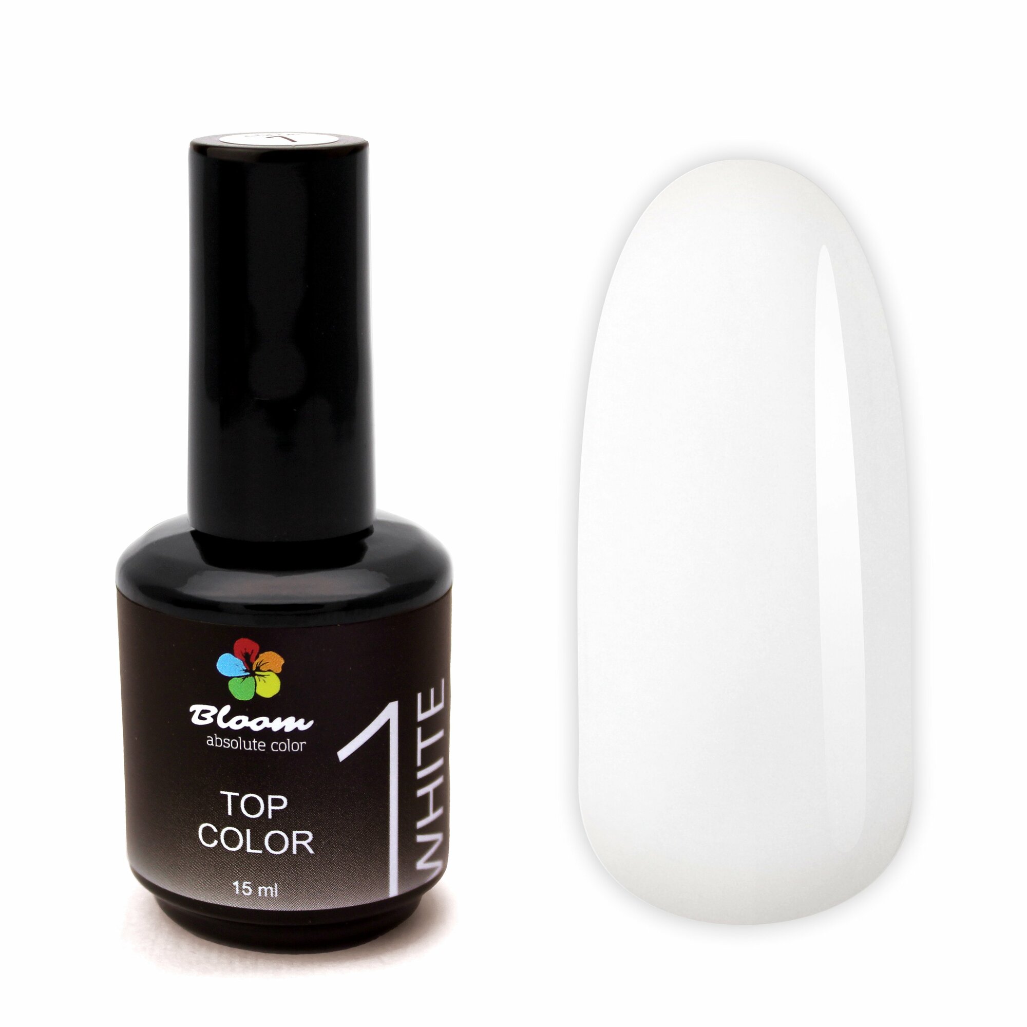 Топ Bloom COLOR, №1, белый, глянцевый, плотный, для гель лака 15мл