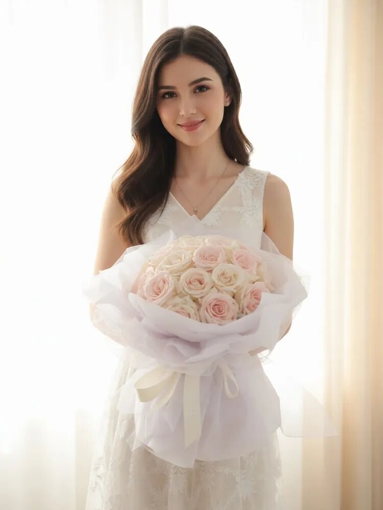 Букет "Свадебный", 15 белых и бежевых роз, диаметр 35см, оберточная бумага