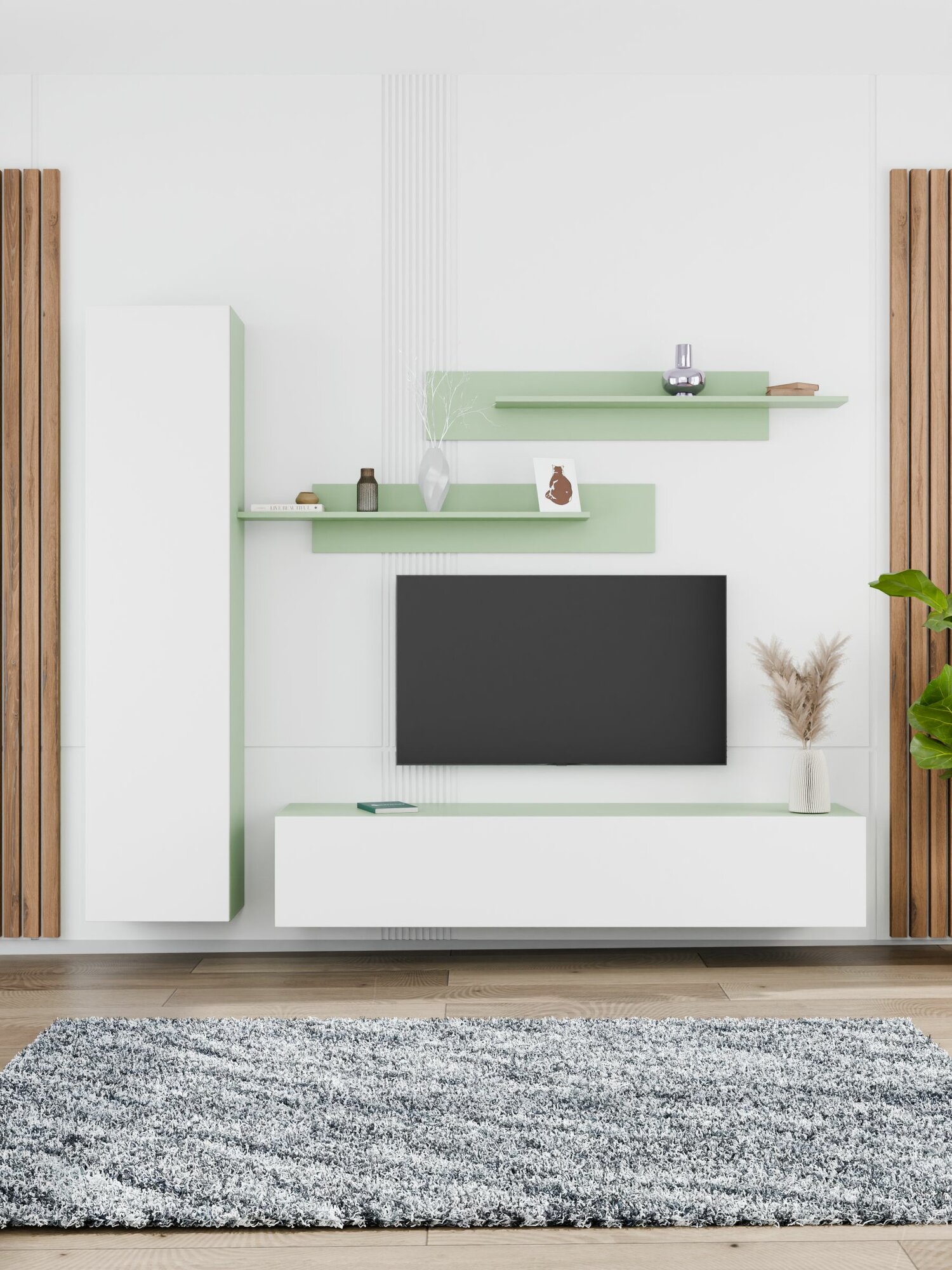 Стенка в гостиную, стенка для гостиной Флекс, подвесная 200х170х40 см (ШхВхГ), мятный-белый