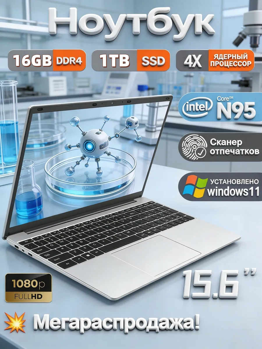 15.6" Ноутбук для работы и учебы, Notebook, RAM 16 ГБ, SSD 1ТБ, Intel N95, цвет Mid Gray, русская раскладка