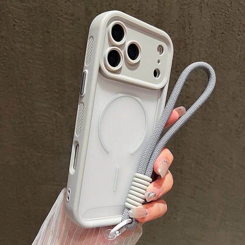 Белый чехол для iPhone 16 Pro Max с серым ремешком