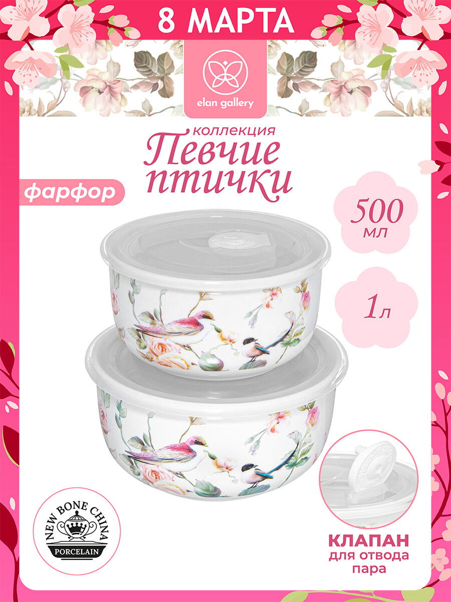 Салатник 2 пр. Elan Gallery Певчие птички, 1 л + 500 мл, фарфор, набор