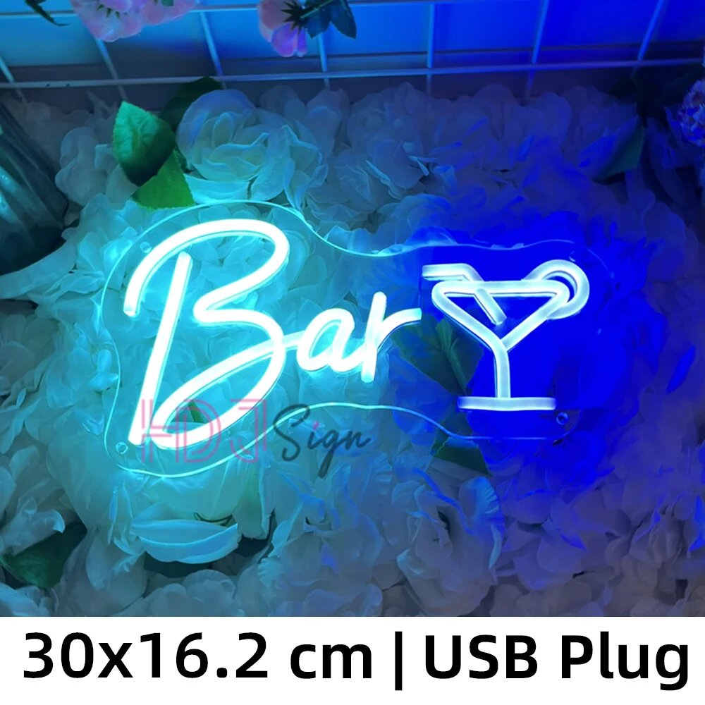 Неоновая вывеска "Bar" с бокалом, 30x16.2cm, USB