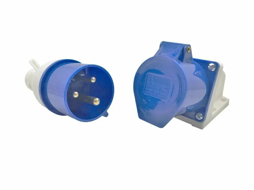 2P+E 32А, разъем силовой электрический, вилка + розетка, комплект однофазный 250В, стационарный 023 / 123.