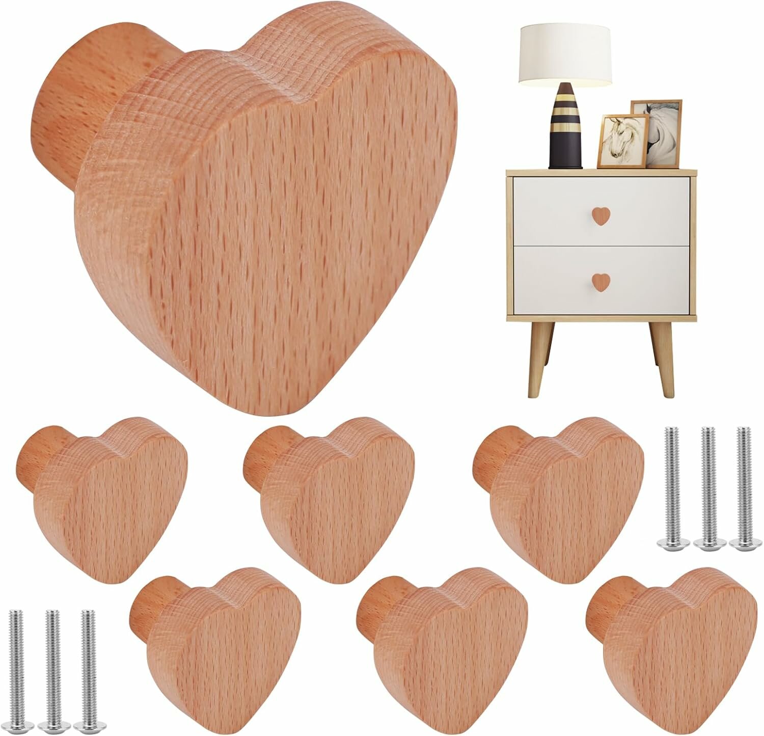 Ручки для мебели, деревянные, в форме сердца, 6 штук, цвет дерева, с винтами