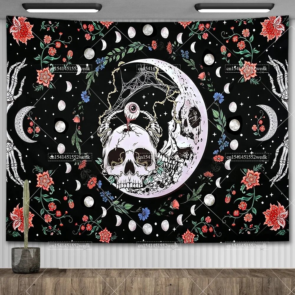 Гобелен готический череп цветы черный 150x130cm BGT6498