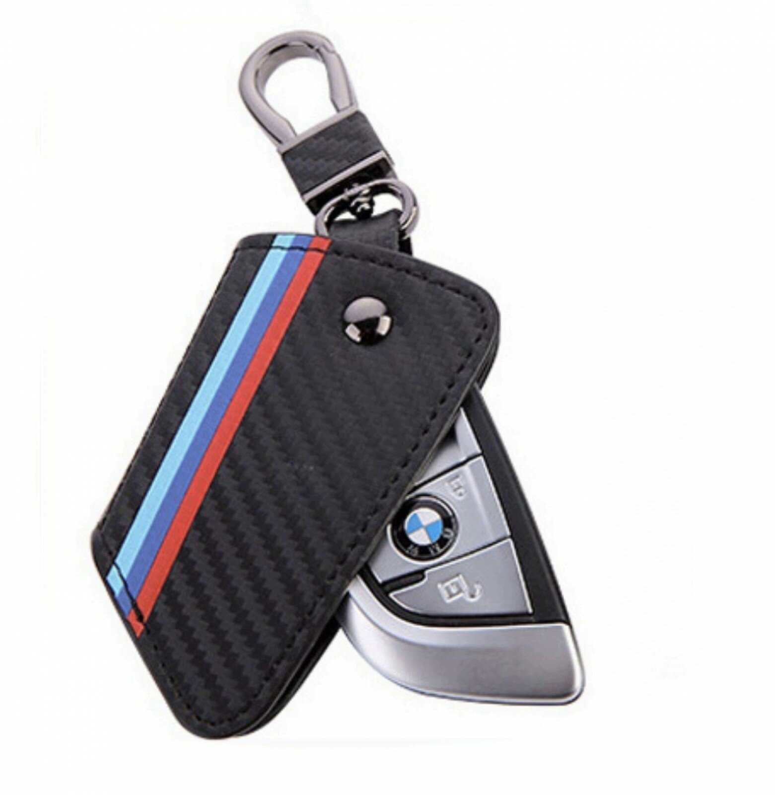 Кожаный чехол MyPads для смарт ключа BMW с карбоновым рисунком и металлическим карабином