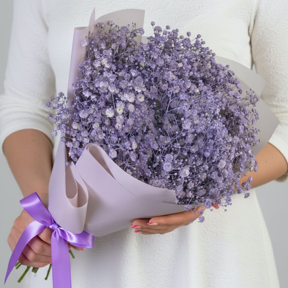 БукетМегацвет24, "Сиреневые гипсофилы", стабилизированные, 9 шт, в дизайнерской упаковке
