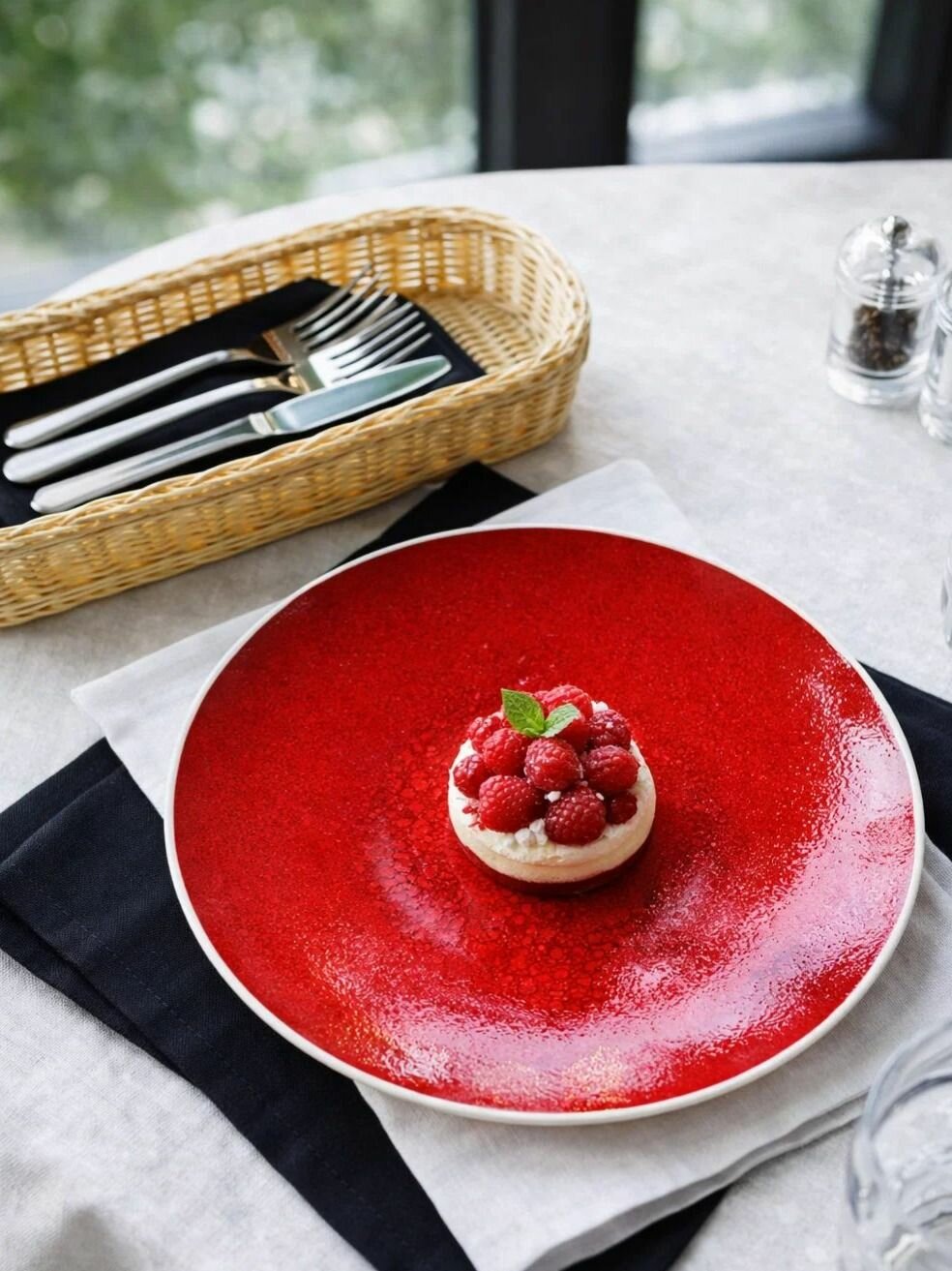 Набор тарелка 21см, кругла красная, корзинка для хлеба "Rubin". Ударопрочный, профессиональный фарфор премиум.