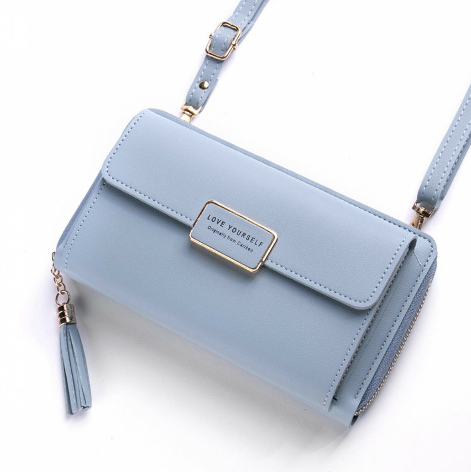 Чехол-сумочка MyPads Love Yourself для Realme C55 из импортной эко-кожи голубого цвета с ремнем и застежкой на молнии