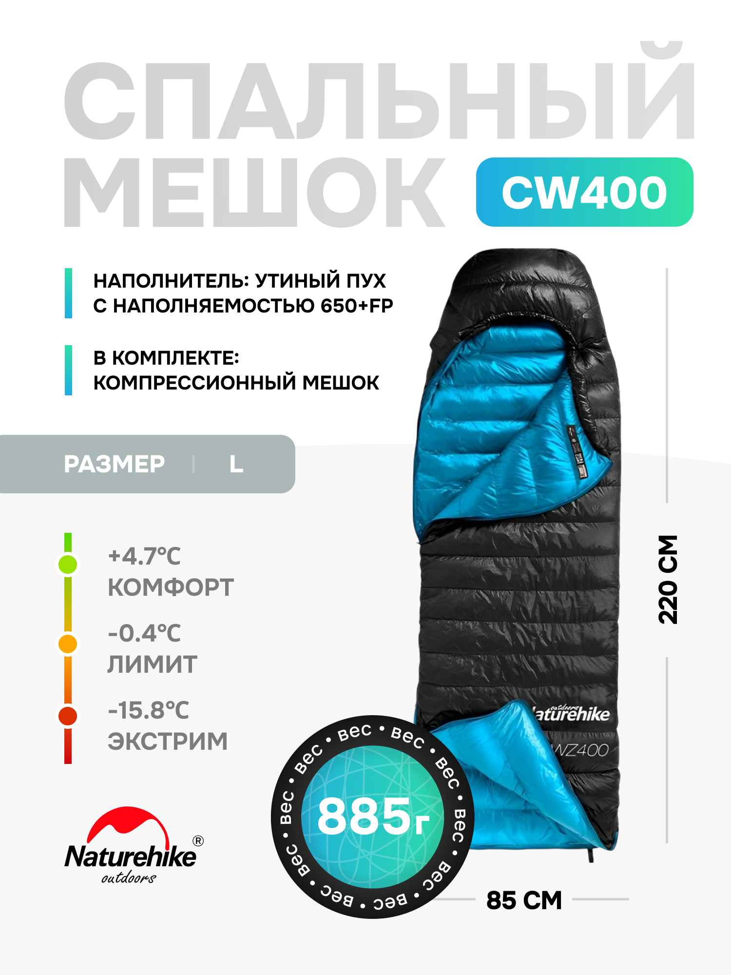 Пуховый спальный мешок одеяло Naturehike / до - 15,8 C / CW400 mummy duck down sleeping bag, NH18C400-D