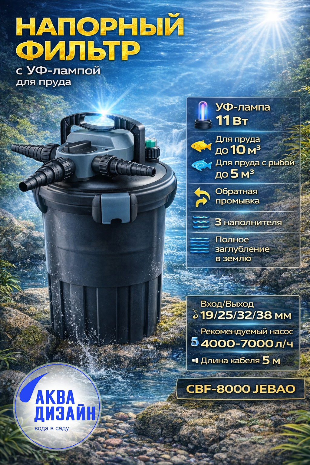 Напорный фильтр с уф-лампой для пруда CBF-8000 JEBAO(УФ-9 Вт; до 10м3)