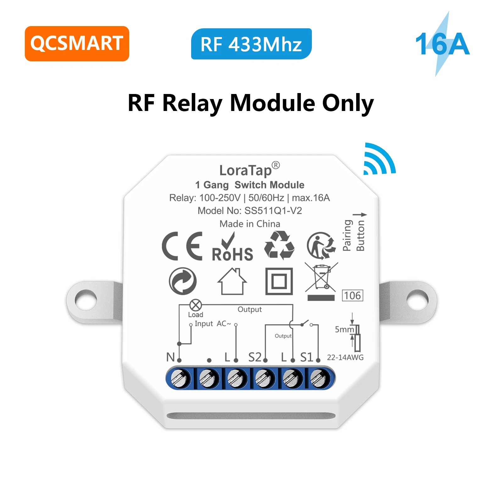 LoraTap RF Relay Module 433MHz 16A