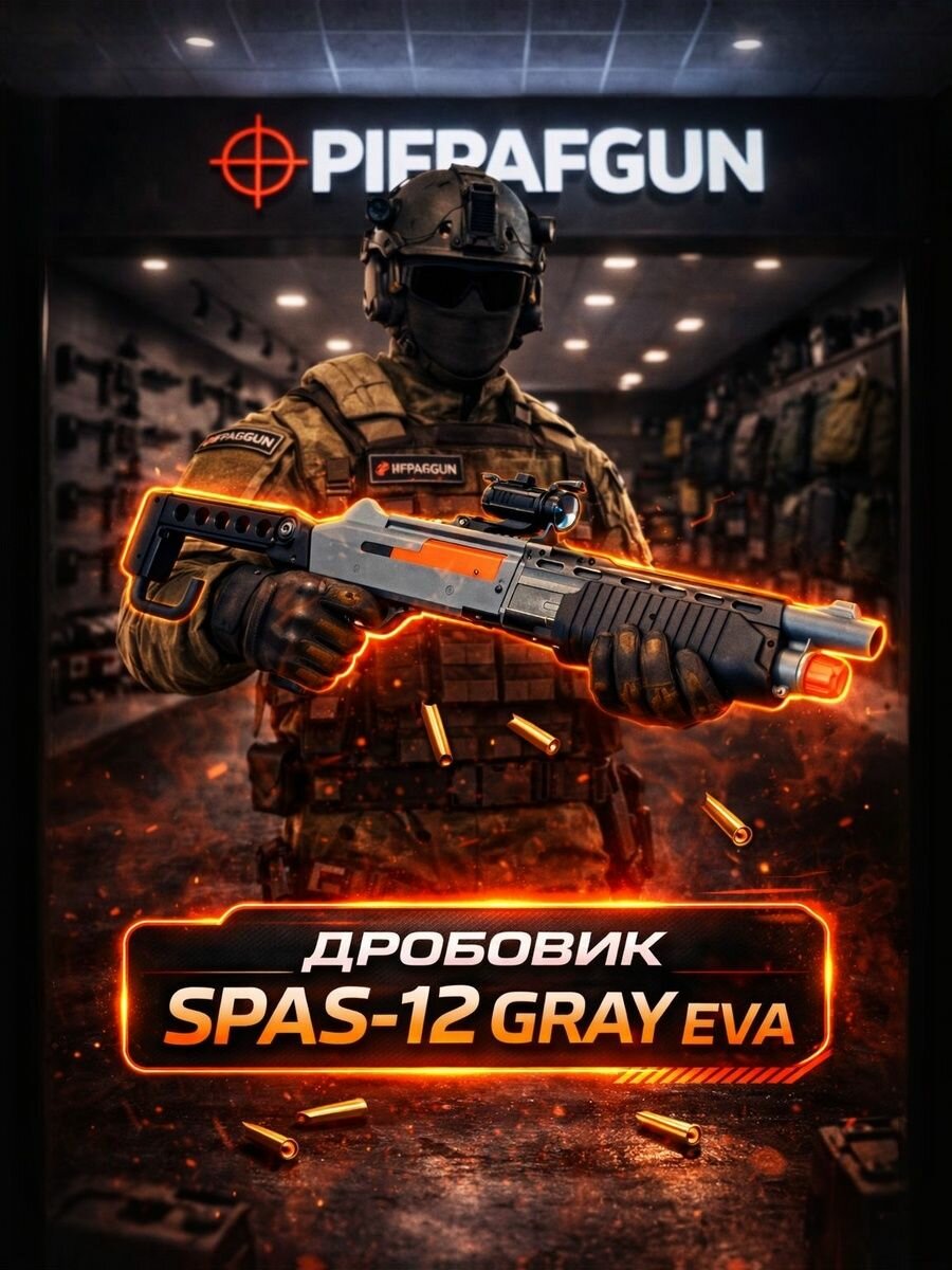 Игрушечный дробовик SPAS-12 GRAY на мягких пулях EVA, выброс гильз, помповый взвод, 6 гильз, прицел и ремень, до 15 м, 6+