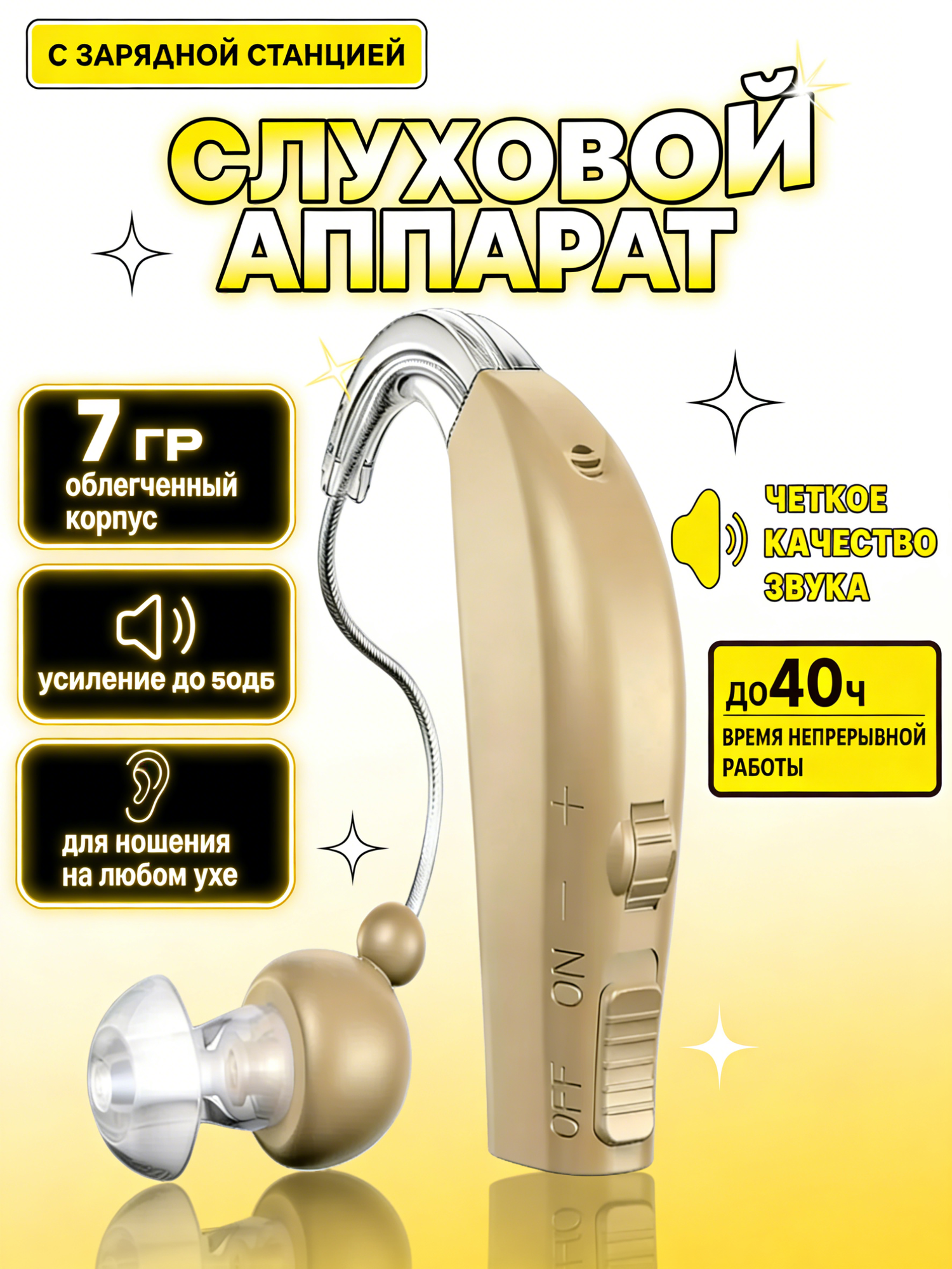 Слуховой аппарат, усиление звука до 30Х, влагозащита, мягкие амбушюры