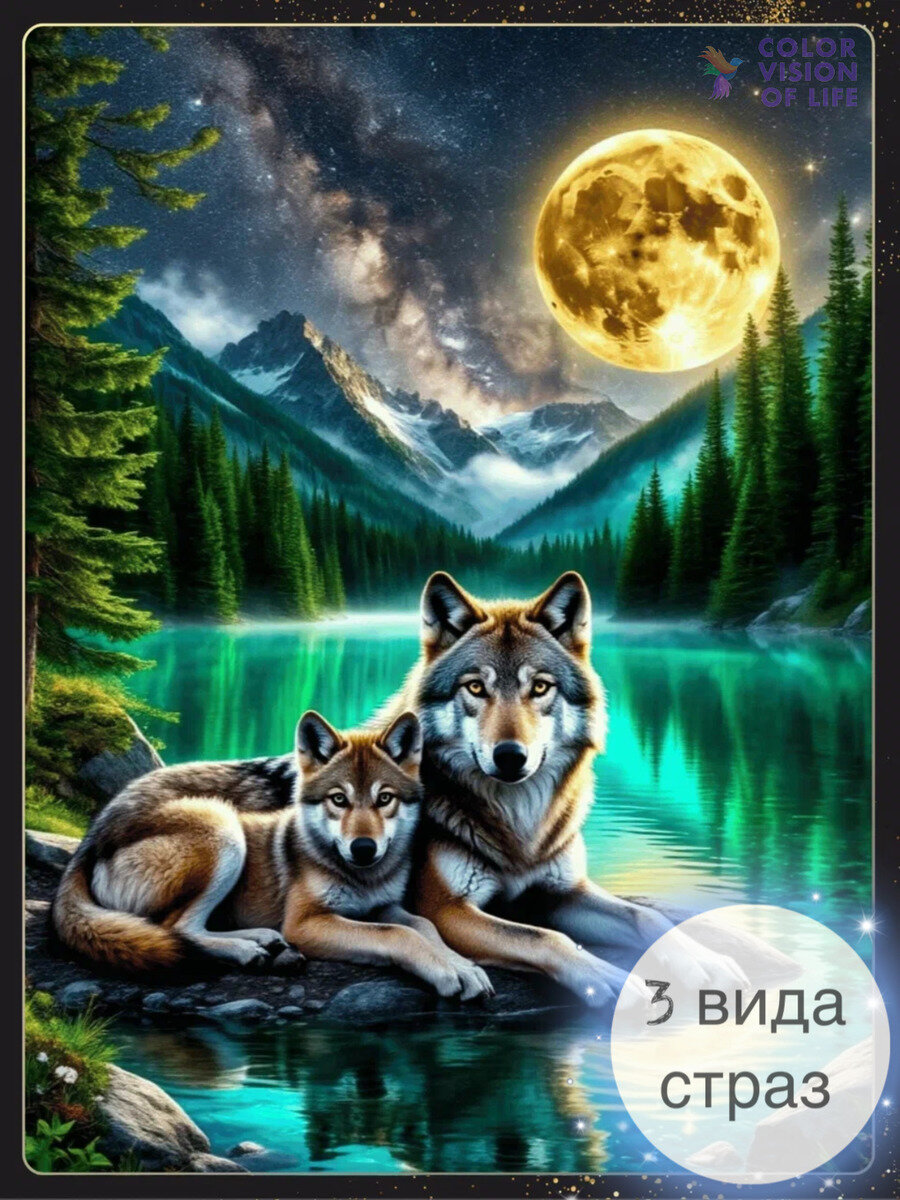 Алмазная мозаика "Волки в полнолуние на берегу"