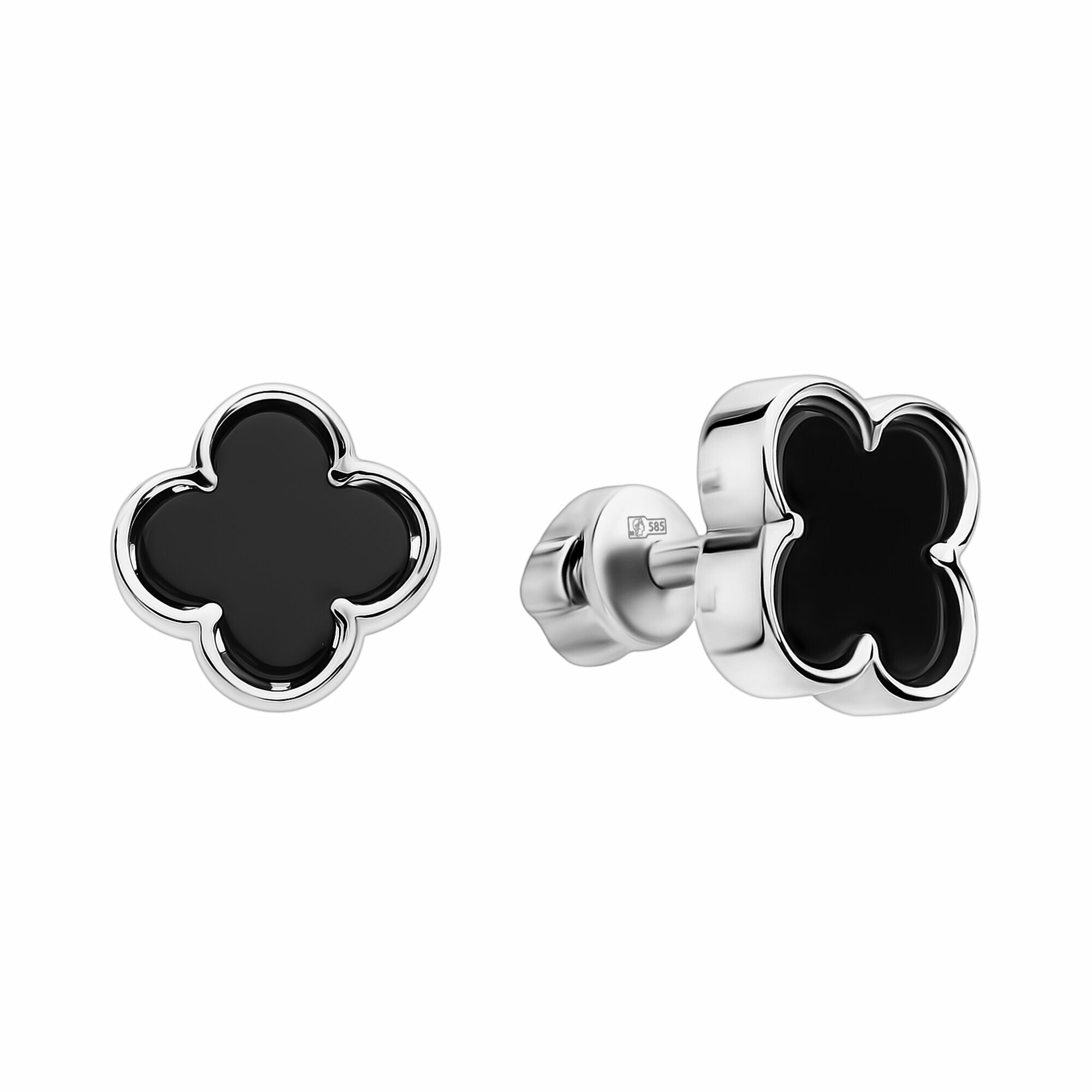 Серьги пусеты, белое золото, 585 проба, родирование, оникс