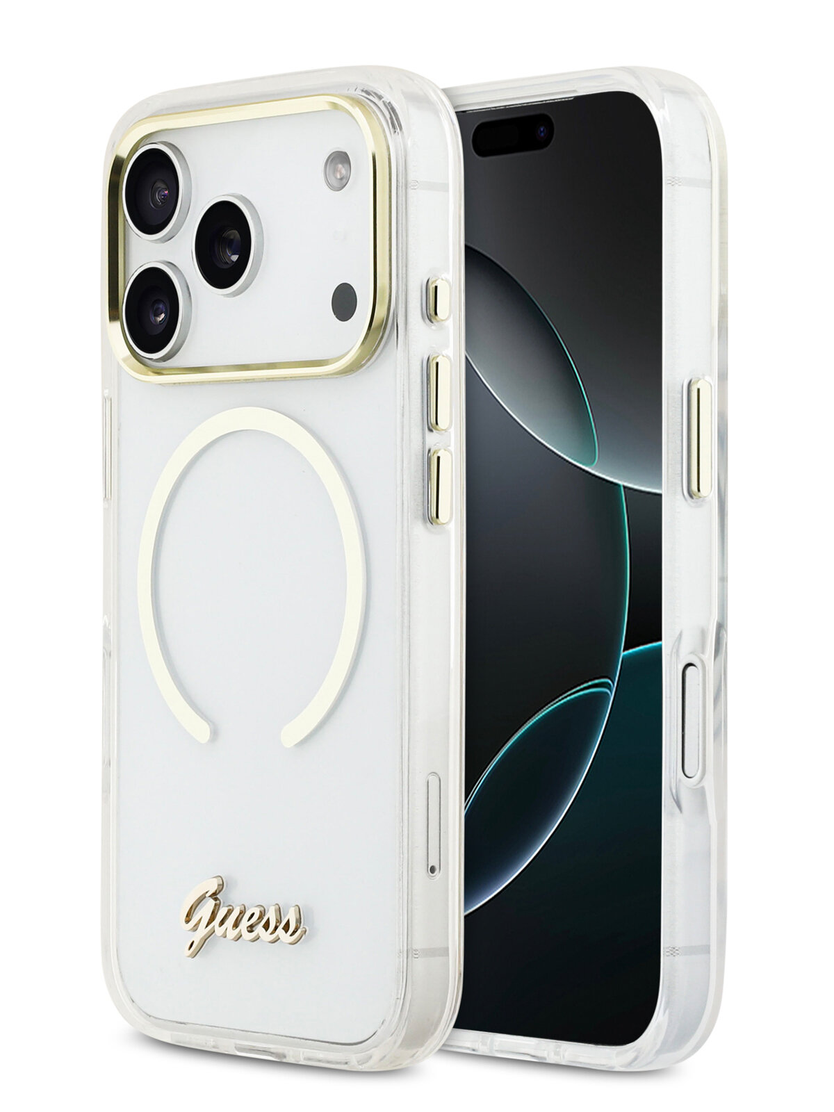 Чехол Guess на iPhone 17 Pro Max, с магнитами MagSafe, с принтом IML Design, прозрачный