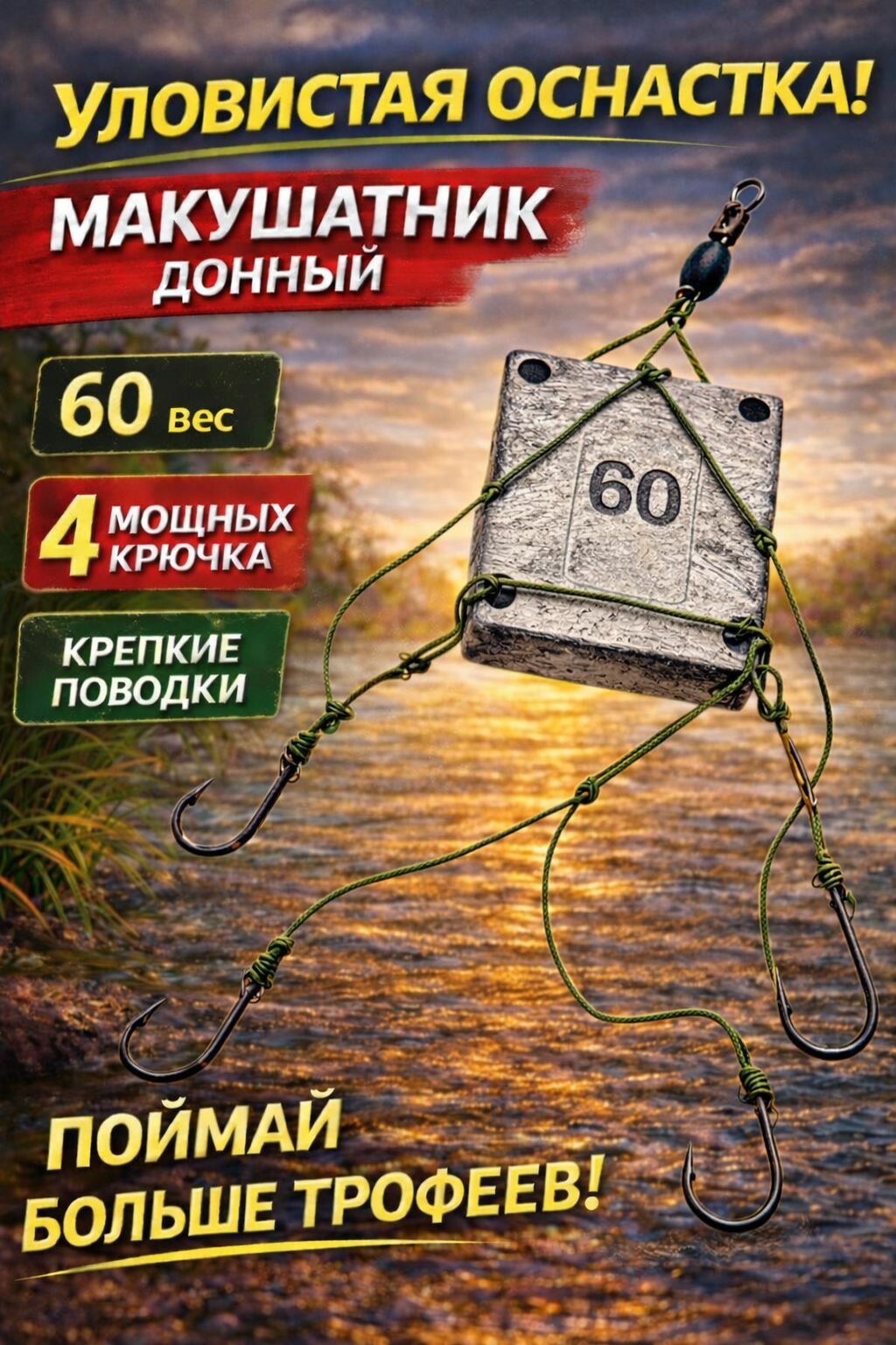 Макушатник 60 г карповая донная оснастка, 4 крючка №2, поводки 35 lb, снасть на карпа