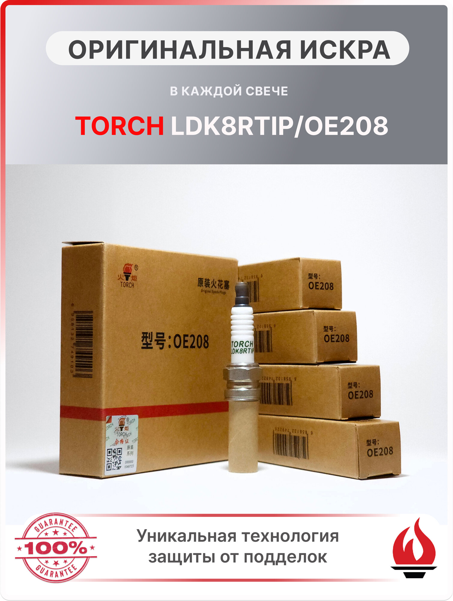 Иридиевые свечи зажигания Torch LDK8RTIP/OE208 для Chery, Omoda, Jetour, Exeed. Оригинал.