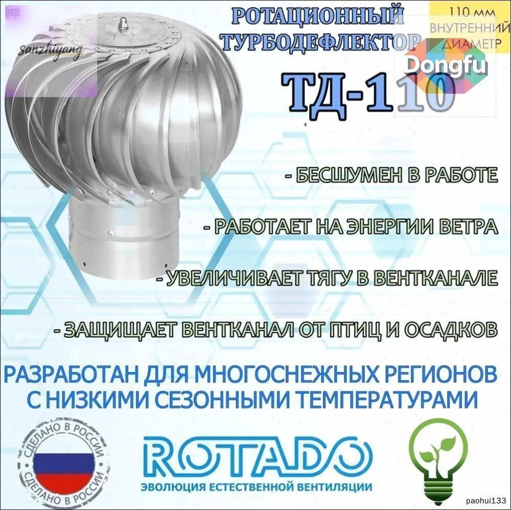 Турбодефлектор TD-110, конструкция из нержавеющей стали , ротационный тип