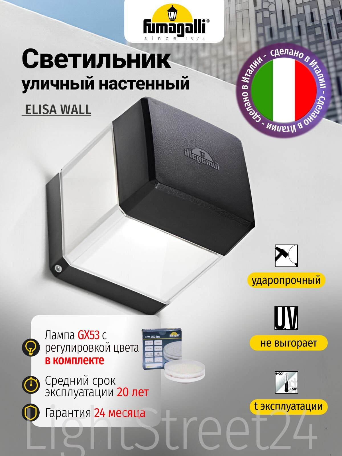 Светильник настенный уличный влагозащищенный FUMAGALLI ELISA WALL BLACK фасадный садовый фонарь