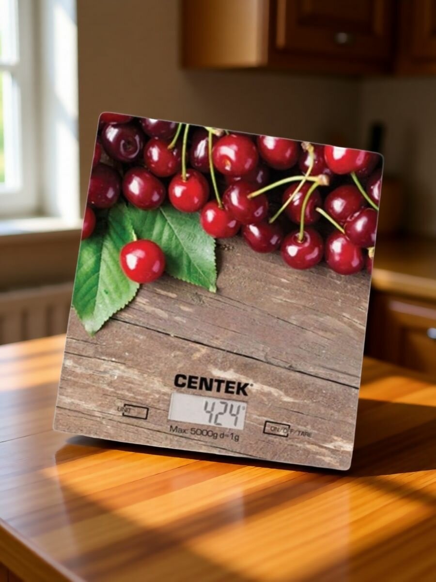 Весы кухонные Centek CT-2462 до 5кг стекло с рисунком Вишня тарокомпенсация