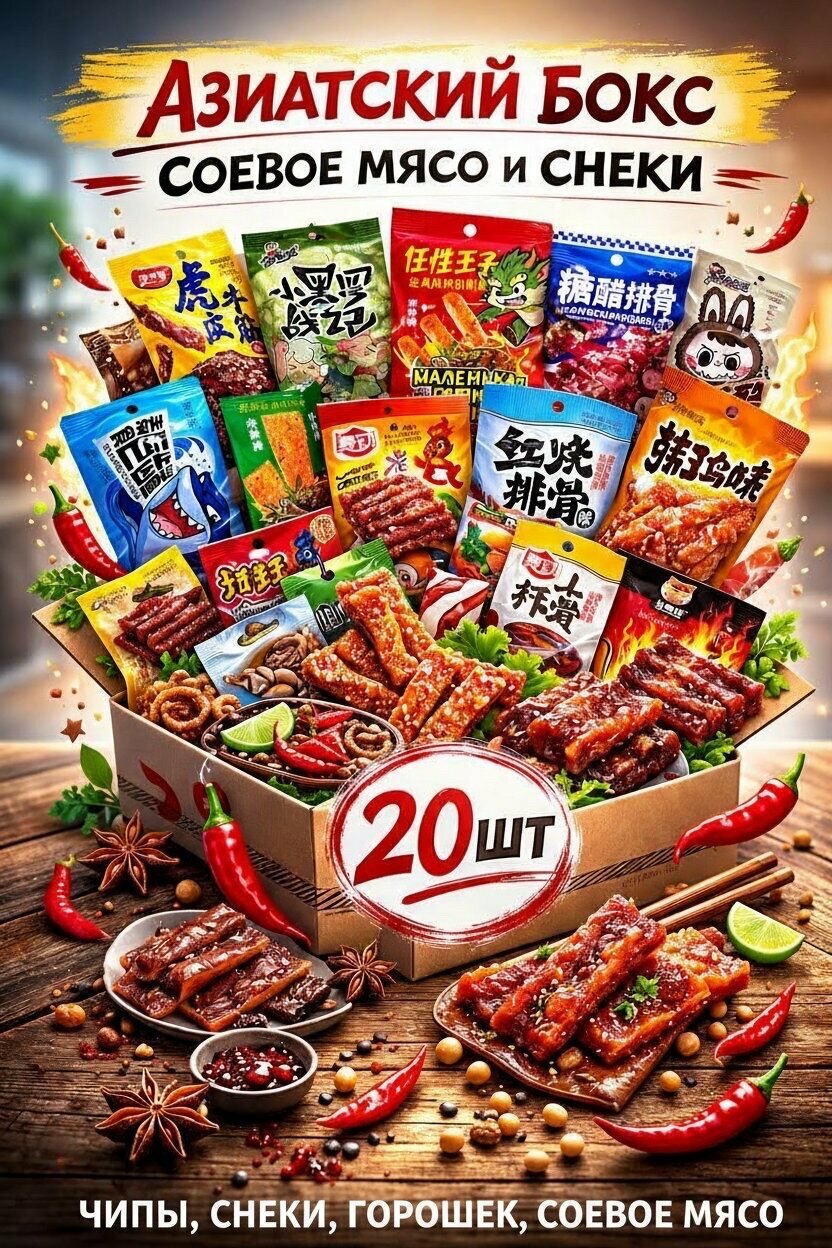 Азиатский бокс 20шт. Закуски из Азии, и острые снеки, креветки, острое соевое мясо , горошек.