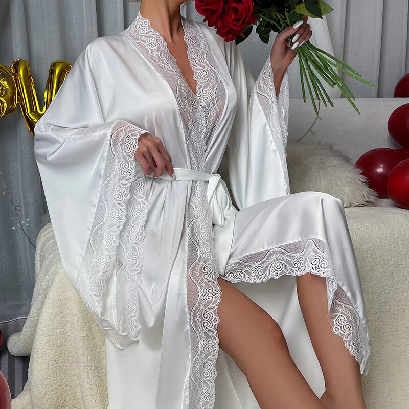 Новая стильная женская крутая атласная ночная рубашка, халат, белое, M
