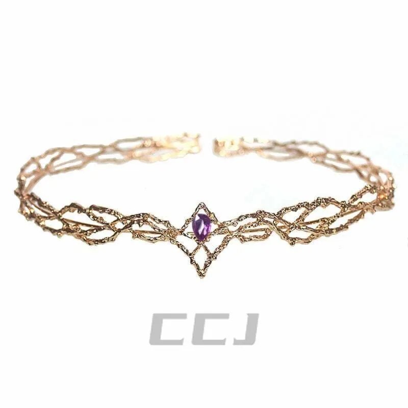 Диадема женская с фиолетовым камнем золотистого цвета для торжественных случаев