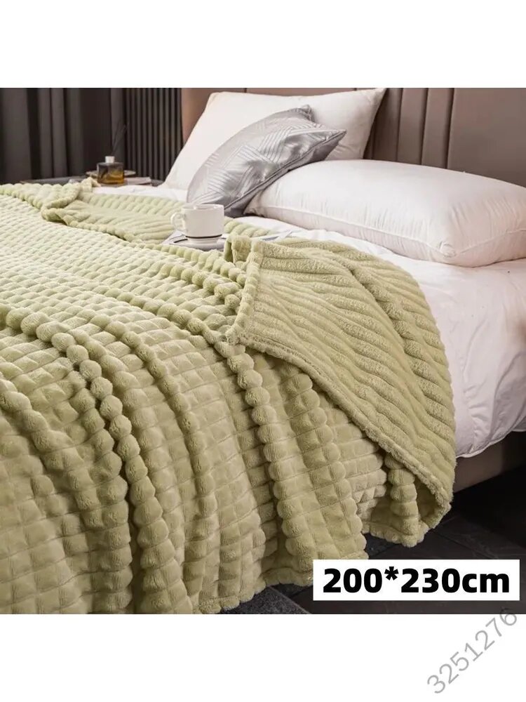 Плед жаккардовый , Искусственная байка, 230 см х 200 см, зеленый плед из искусственного кроличьего меха