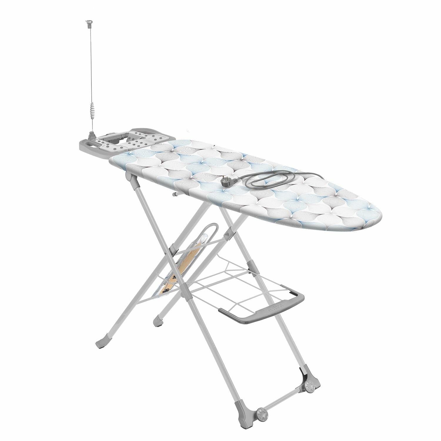 Гладильная доска металлическая с розеткой, подрукавником и полкой для белья