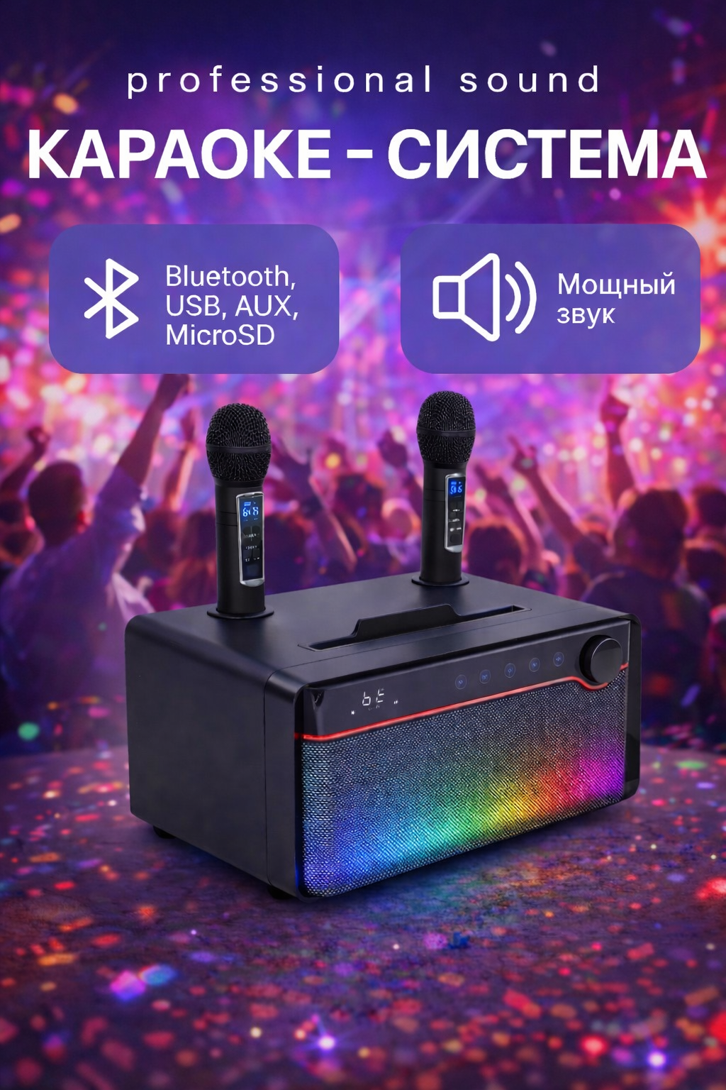 Караоке система для дома с двумя микрофонами SORDA SD-328 30 ватт, с функцией Bluetooth, AUX, USB, Черный