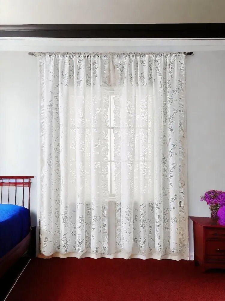 Тюль белый 140x200 см с цветочным узором, крепление Кулиска, для спальни