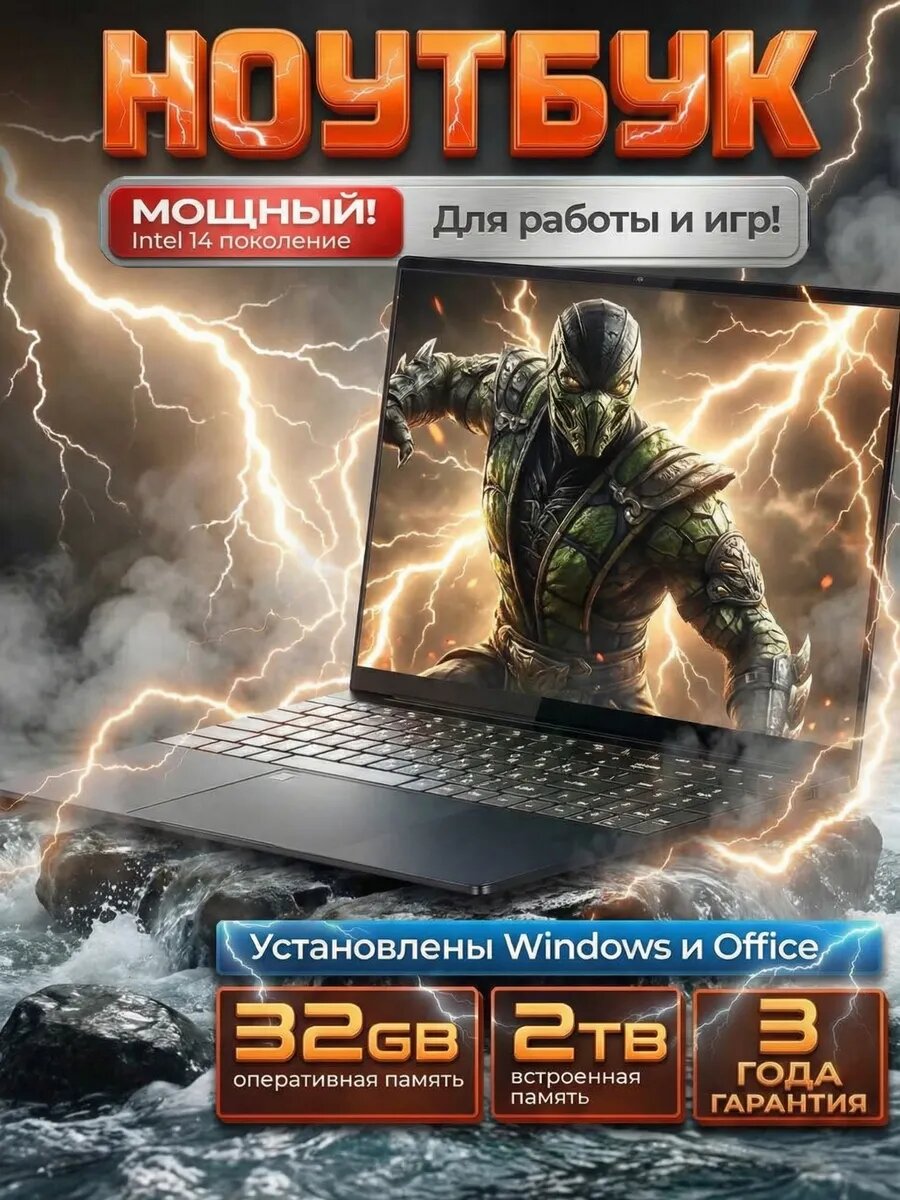 Ноутбук игровой 2026 N-Series, RAM 32GB, SSD 2048GB, IPS + Windows