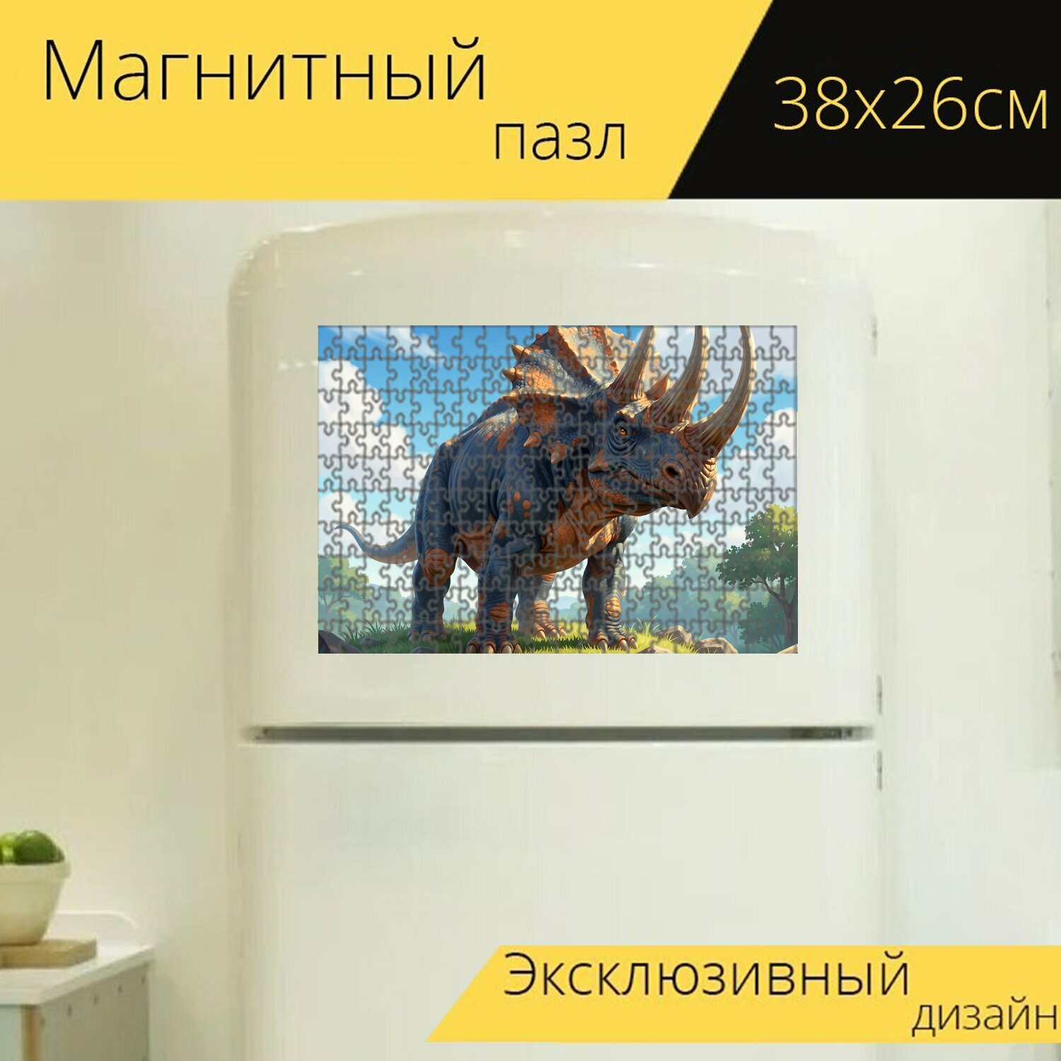 Магнитный пазл "Динозавр на зеленой поляне. Реалистичный доисторический ящер с тремя рогами на солнечном лугу, сине-оранжевая гамма, мягкое небо с облаками." для интерьера, 38х26 см.