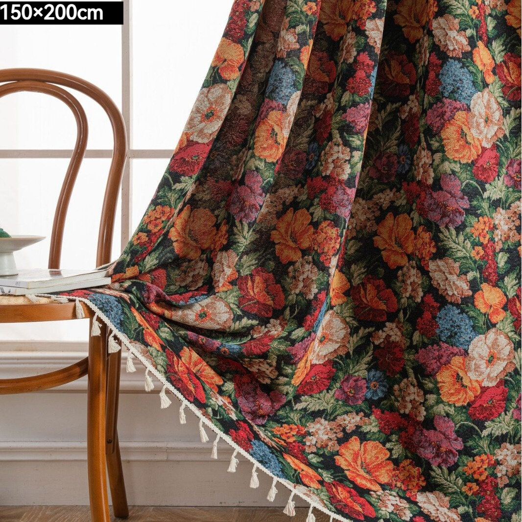 Шторы YMQY 150 см × 200 см, полиэстер-хлопок, жаккард, мелкий цветочный узор на чёрном фоне, на карнизе