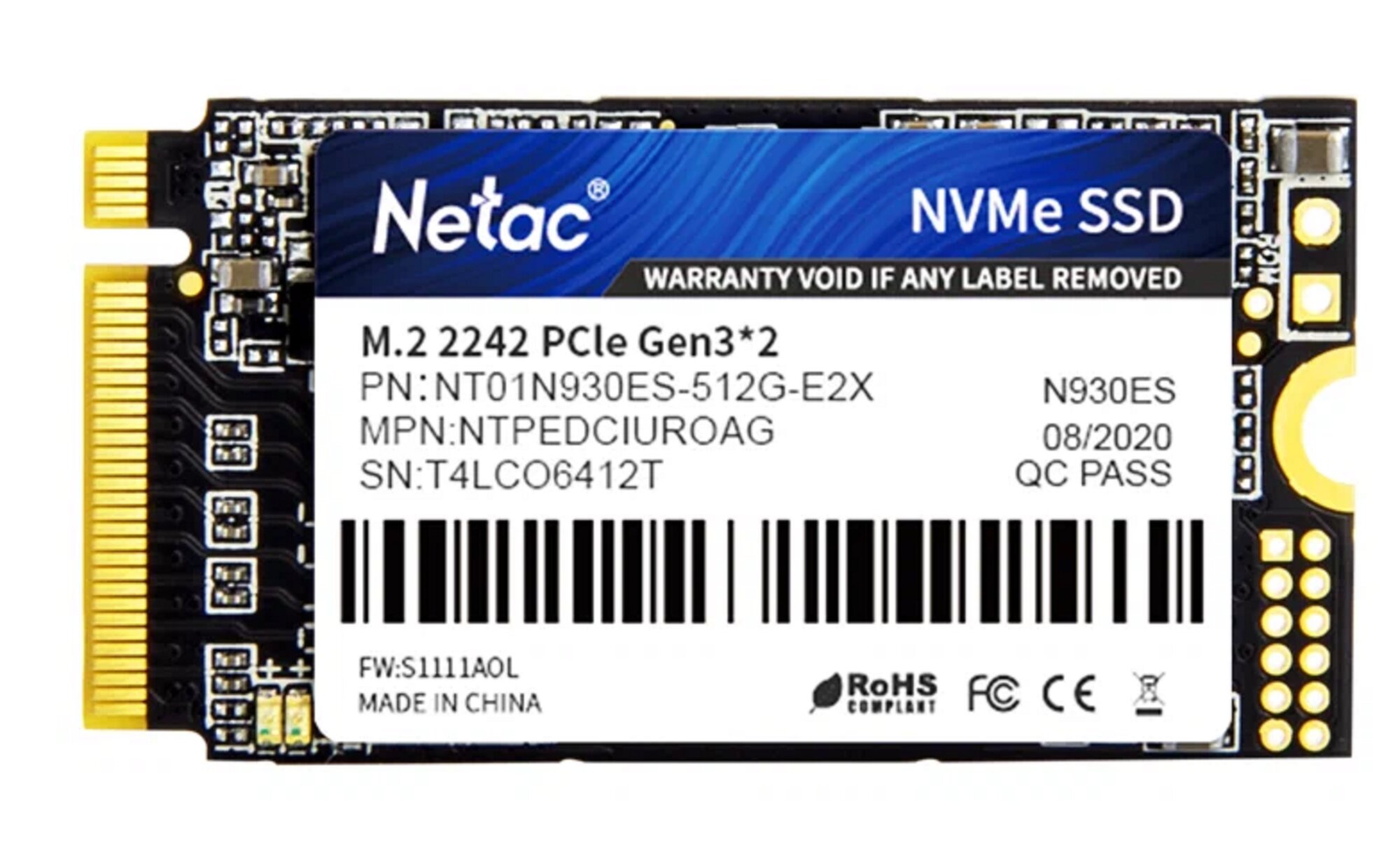 SSD накопитель NETAC N930ES NT01N930ES-512G-E2X 512ГБ, M.2 2242, PCIe 3.0 x2, NVMe, M.2