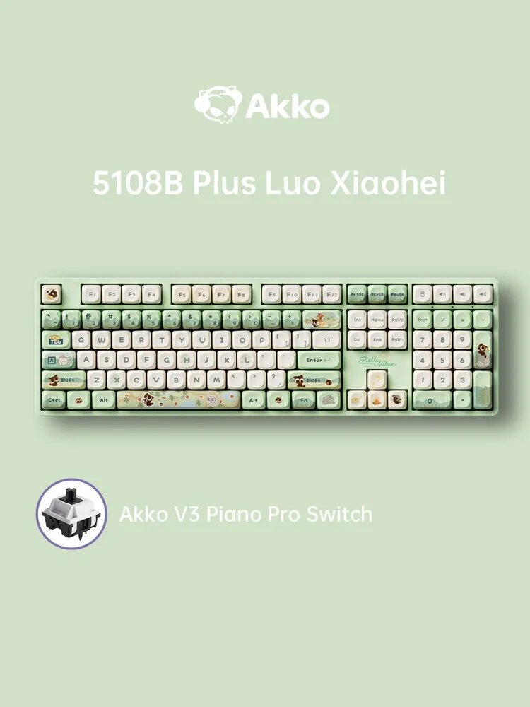 AKKO Игровая клавиатура беспроводная Akko 5108B Plus Робо-Кот (Ло Сяо Хэй) 3-режимная механическая клавиатура, RGB, MOA, 108 клавиш, US-раскладка, с поддержкой горячей замены, (Akko V3 Piano Pro), Английская раскладка, зеленый, бирюзовый