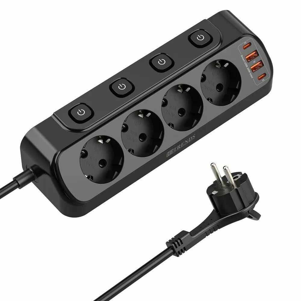 HITRENDS Удлинитель с 4 розетками и 2 USB + 2 Type-C (быстрая зарядка), выключатели, защита от перегрузки, 4000W 16A 250V, огнестойкий, кабель 2 м с петлейl