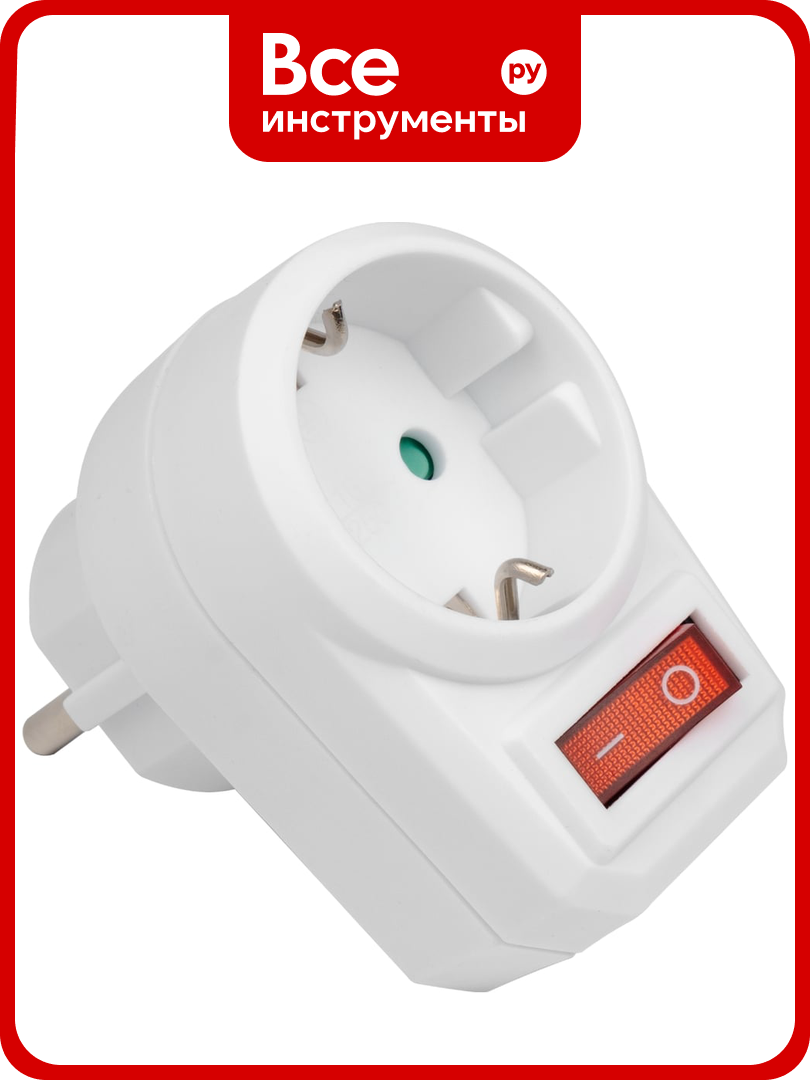 Разветвитель Jаzzway 16А AD-1GS, с заземлением и выключателем IP20, белый корпус, переходник для бытовой сети